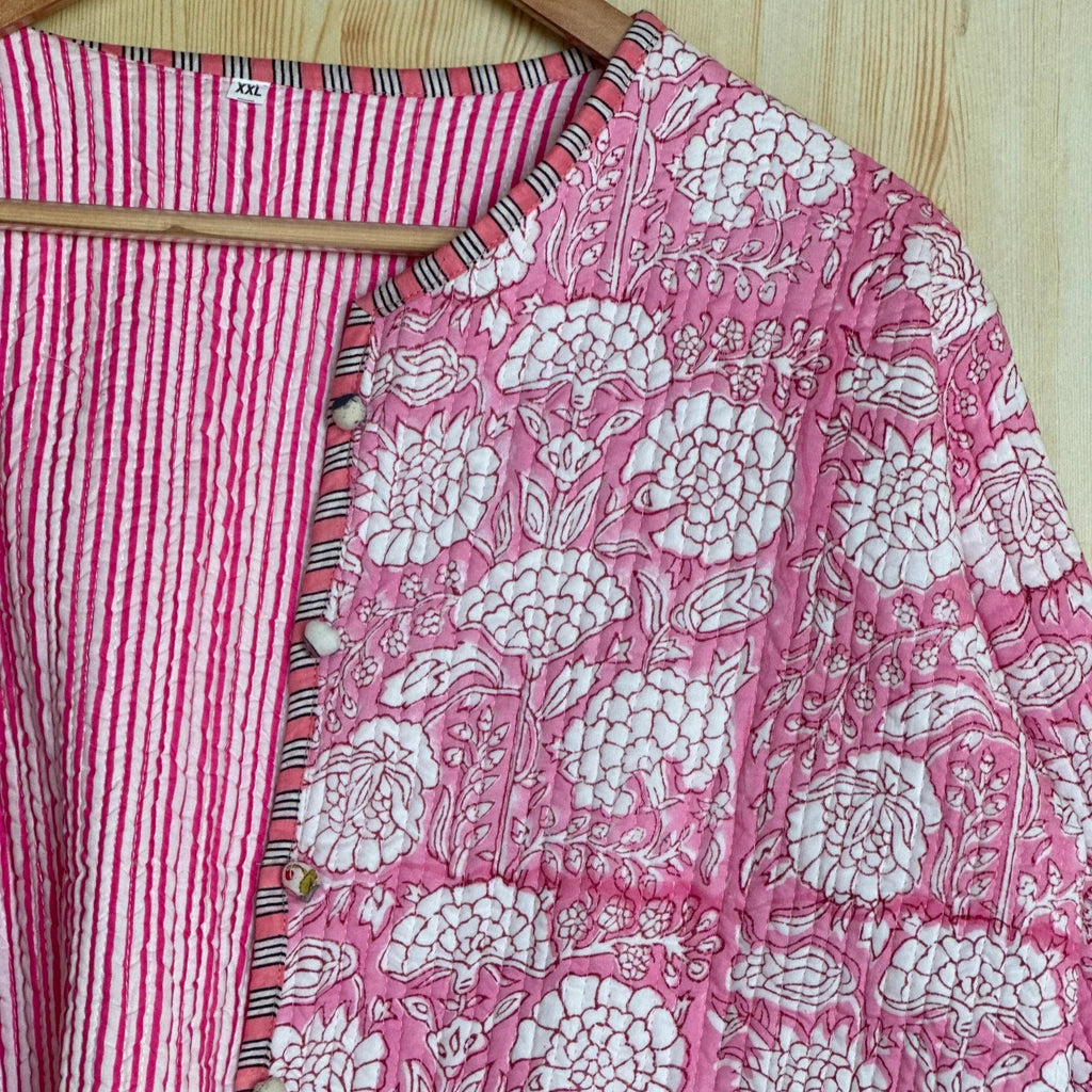 100% Cotton Pink & White Reversible Hand Block Printed Quilted Jacket ...